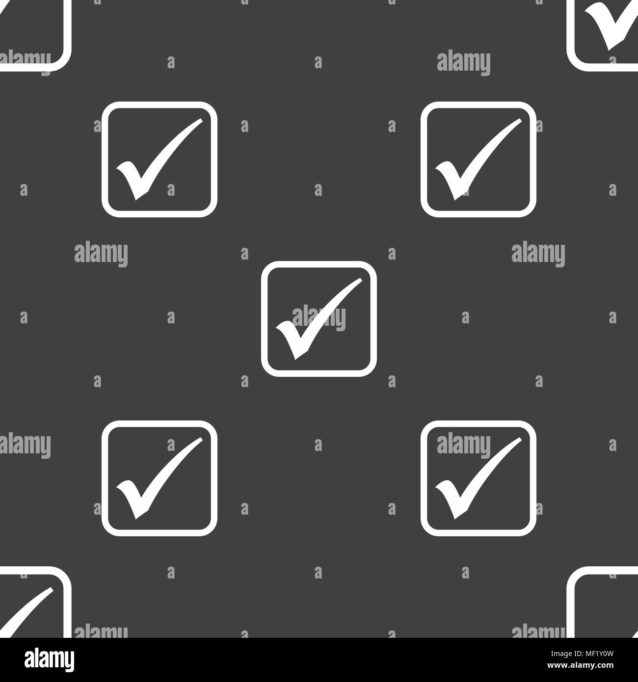 A check mark icon sign. Seamless pattern on a gray background. Vector ...