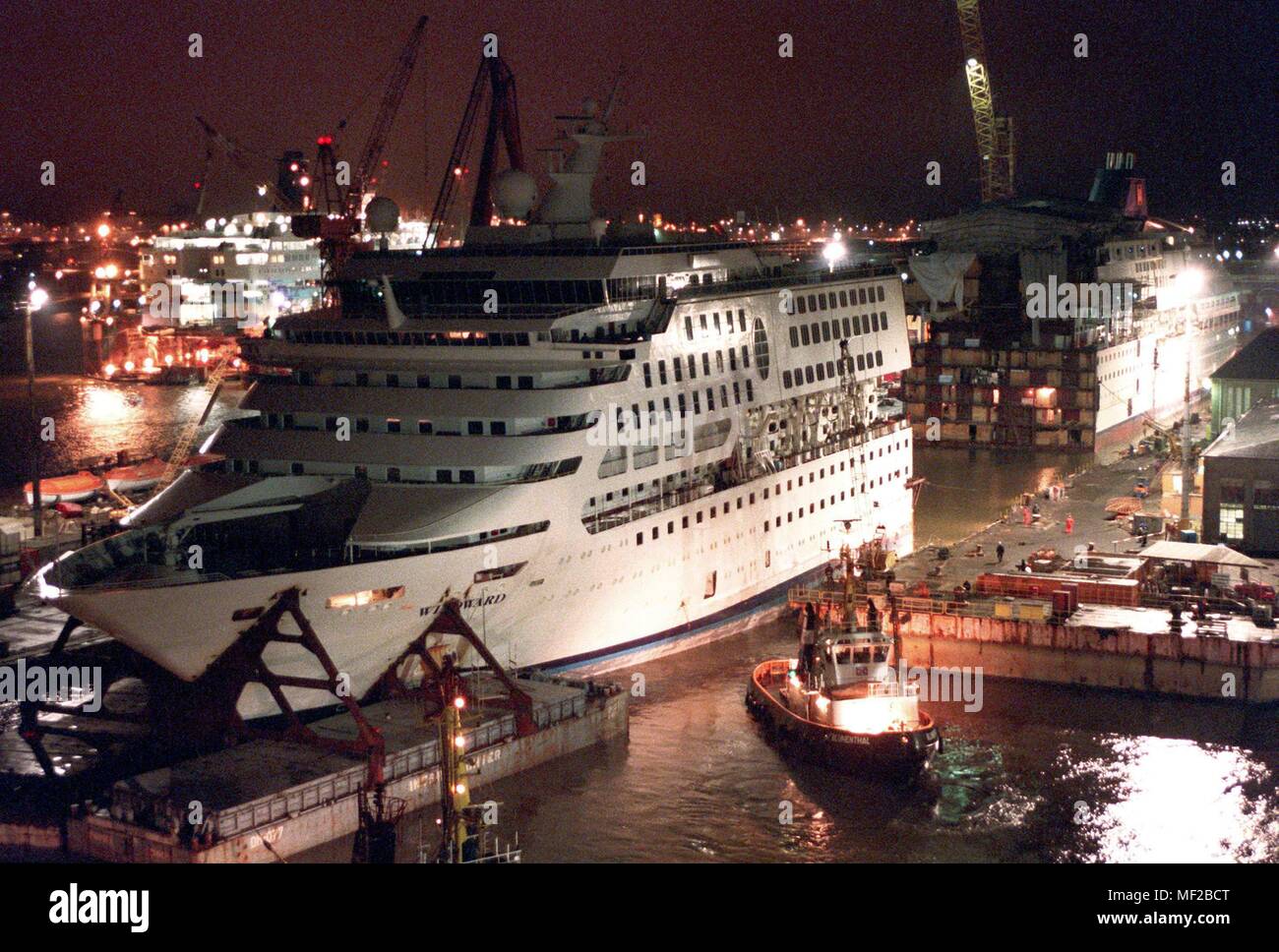 In shipbuilding precision work, the severed foredeck of the Norwegian ...
