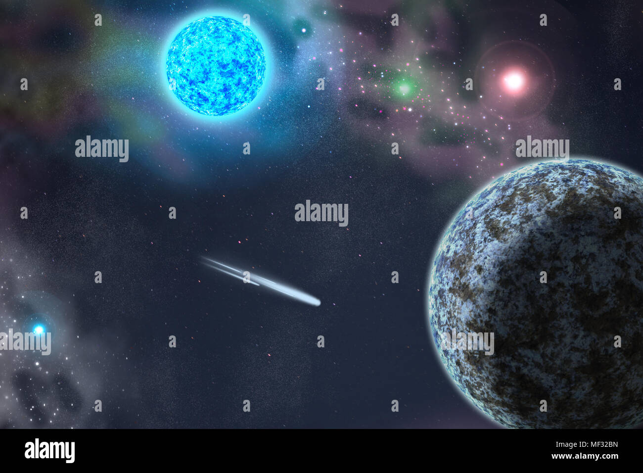 Dark blue galaxy background with planets, stars and comets Stock Photo ...