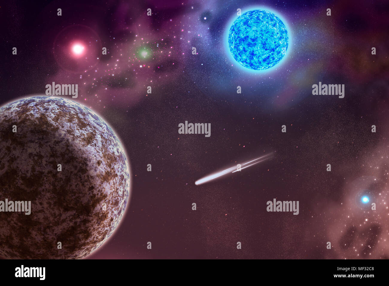 Purple galaxy background with planets, stars and comet Stock Photo - Alamy