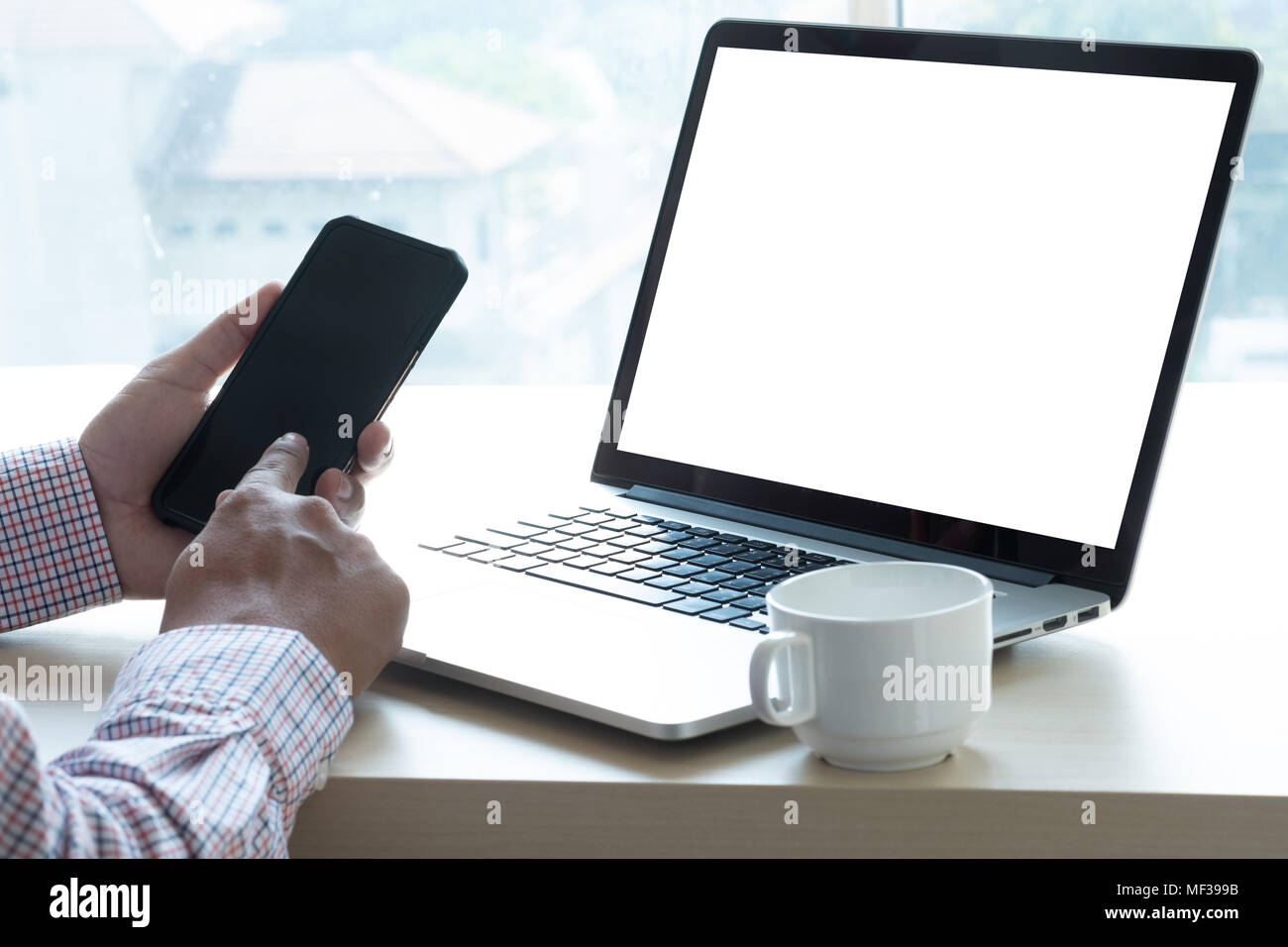 man working computer table hand touching laptop business blank white ...