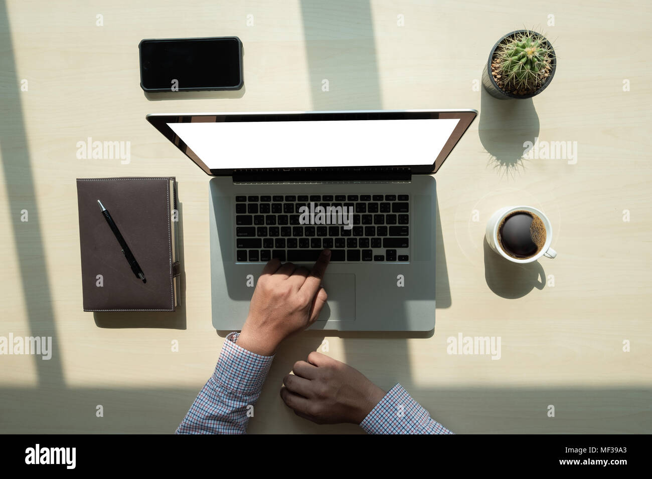 Overhead View top view man Working Desk Concept Stock Photo - Alamy