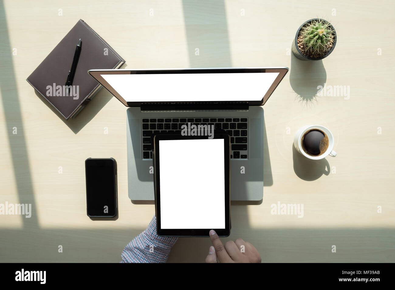 Overhead View top view man Working Desk Concept Stock Photo - Alamy