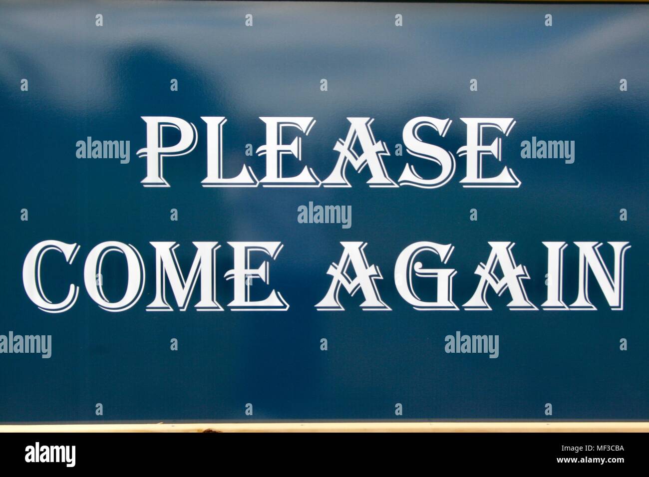Please Come Again in white letters with a blue bakground Stock Photo ...