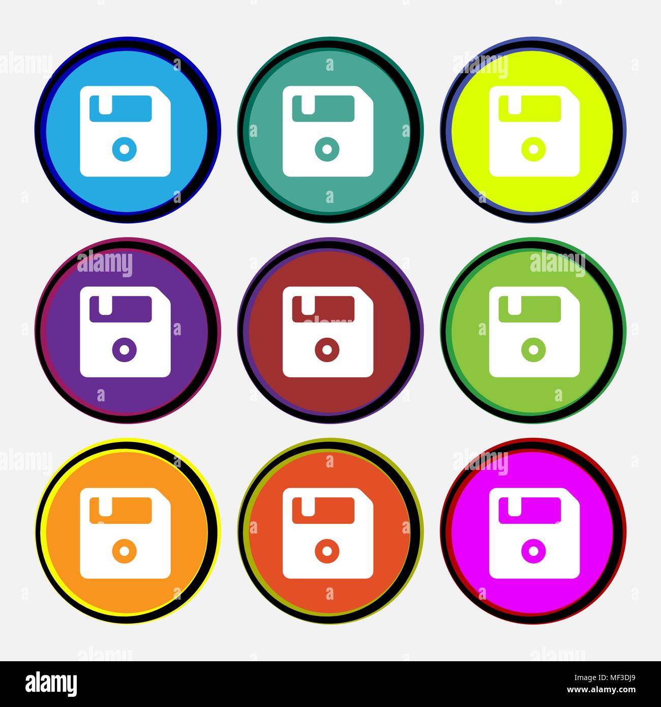 floppy icon sign. Nine multi-colored round buttons. Vector illustration ...