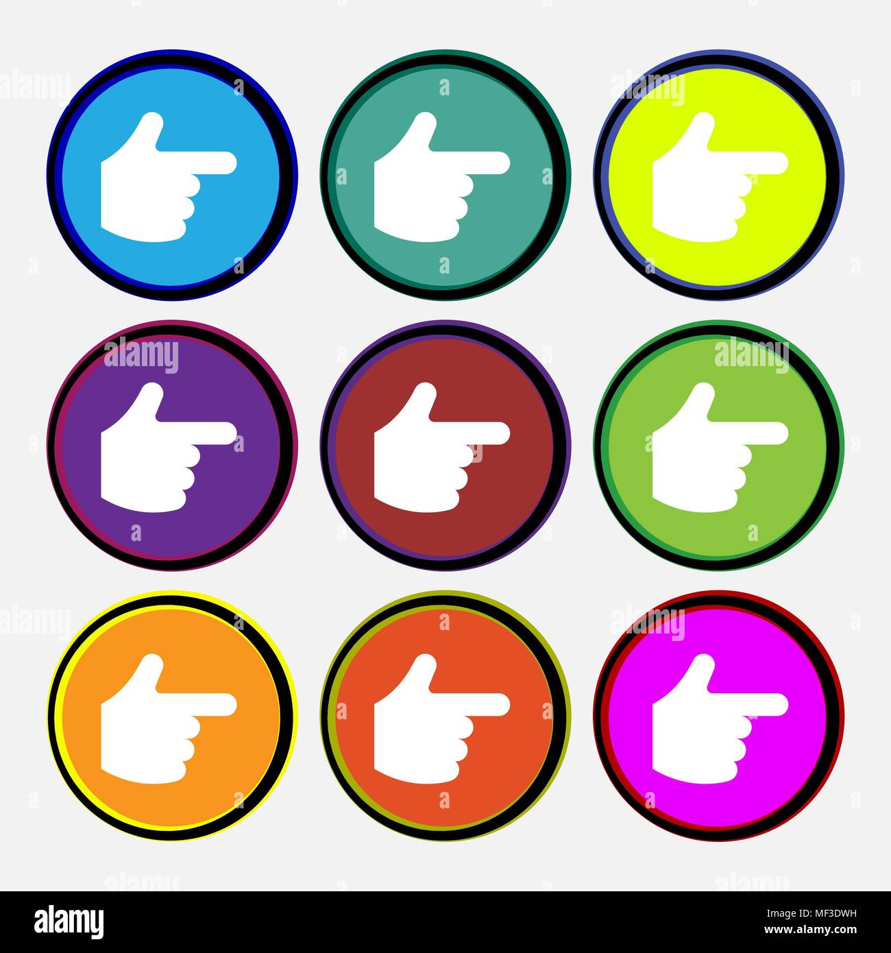 pointing hand icon sign. Nine multi-colored round buttons. Vector ...