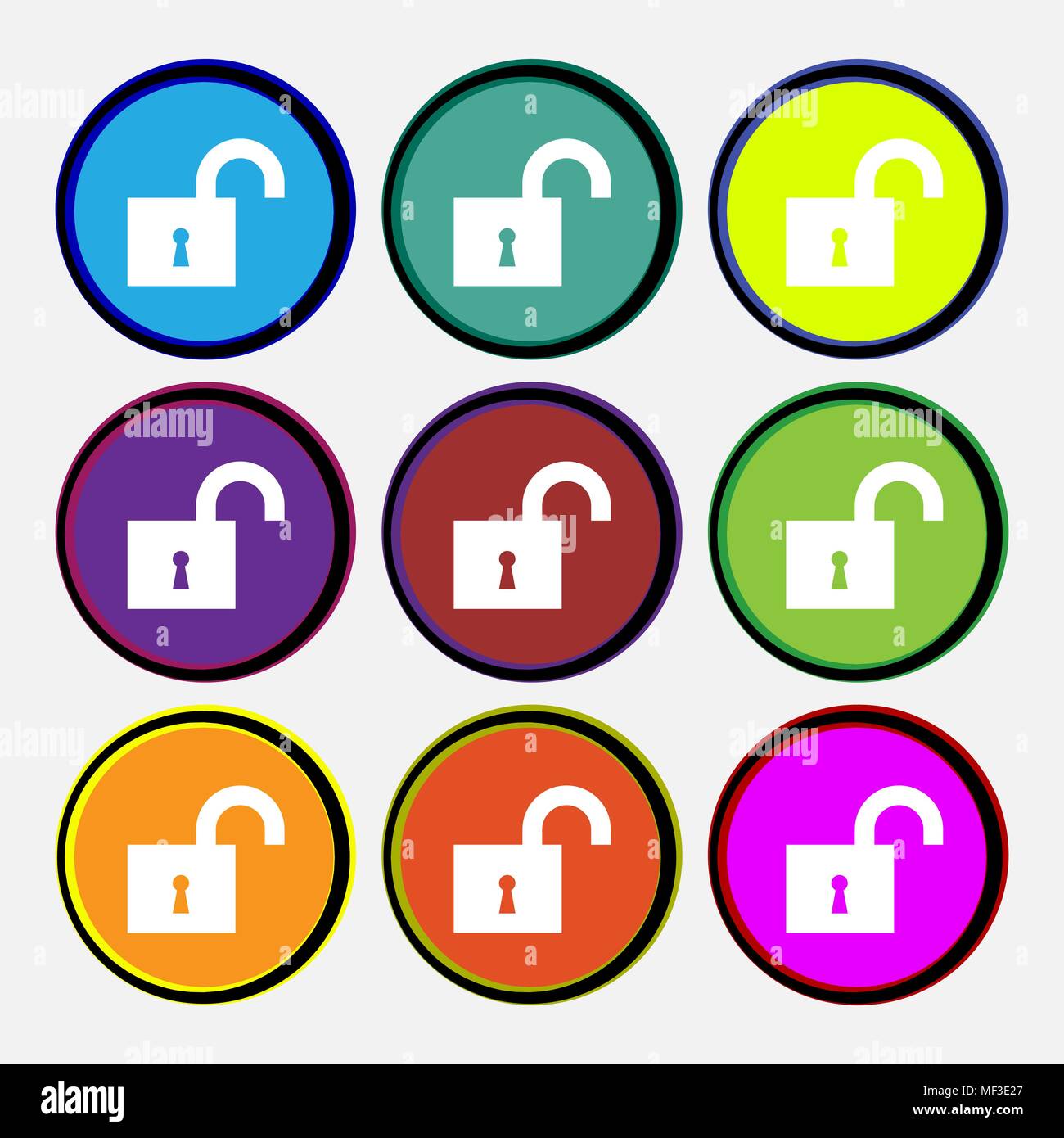 open lock icon sign. Nine multi colored round buttons. Vector ...