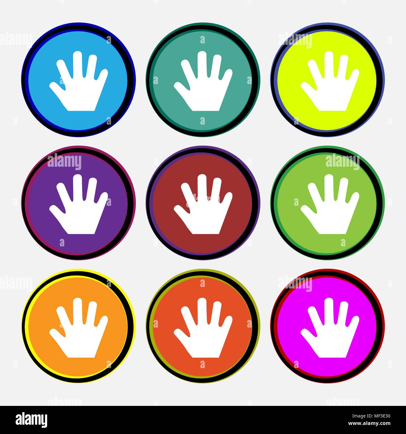 Hand icon sign. Nine multi colored round buttons. Vector illustration ...