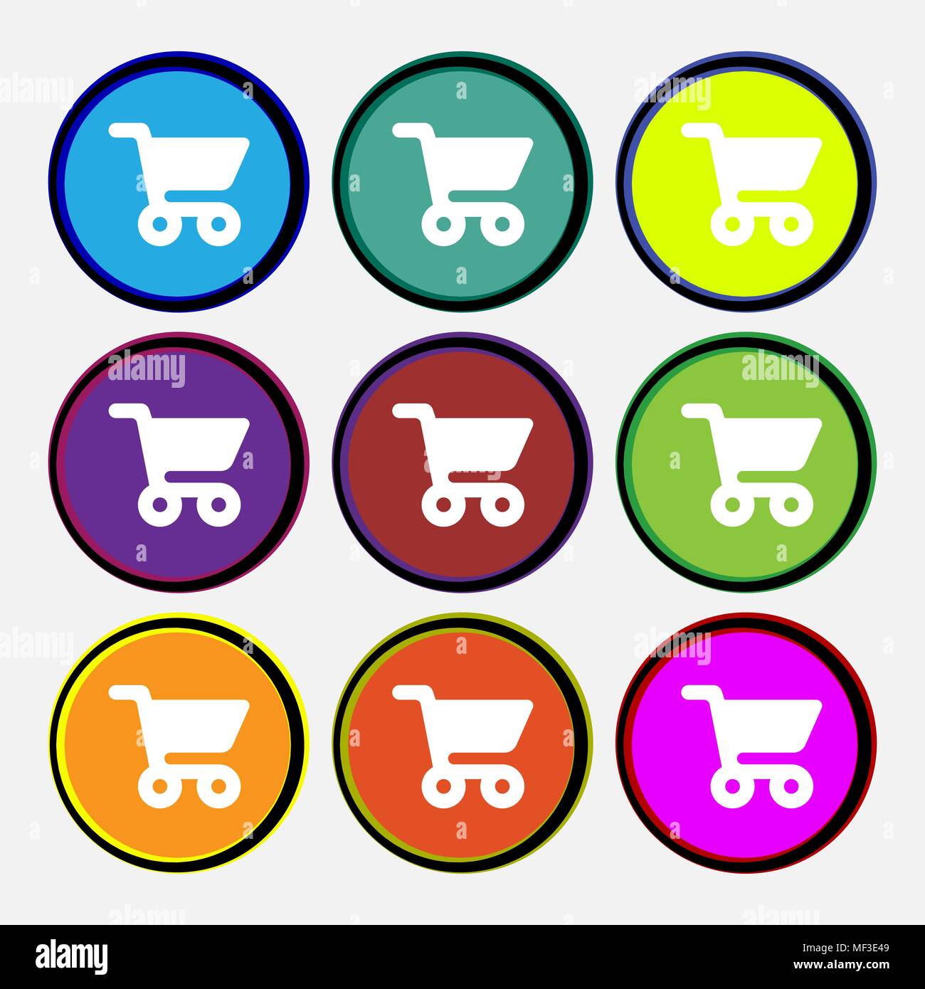 shopping basket icon sign. Nine multi colored round buttons. Vector ...