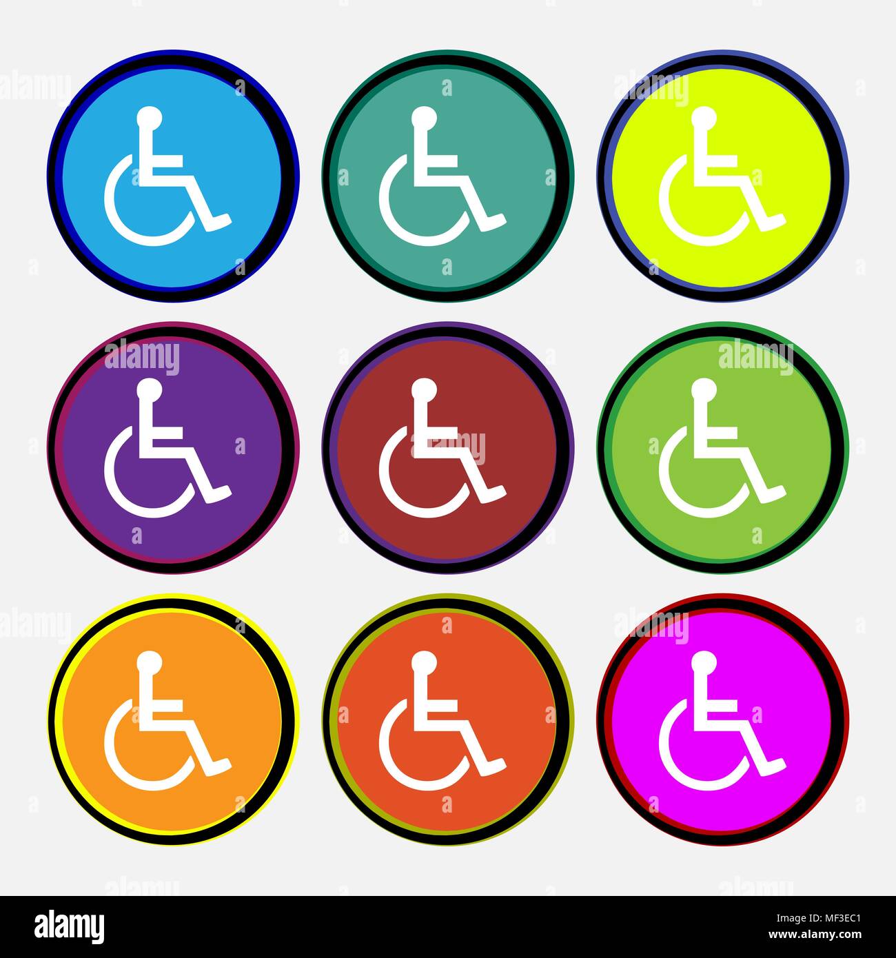 disabled icon sign. Nine multi colored round buttons. Vector ...