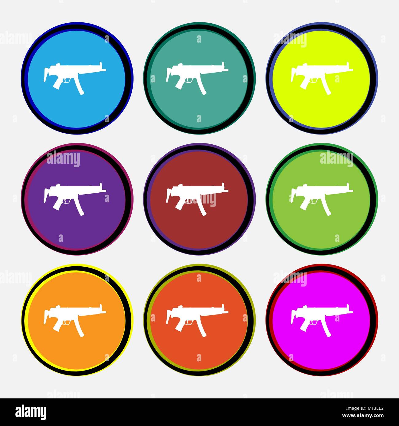 machine gun icon sign. Nine multi colored round buttons. Vector ...