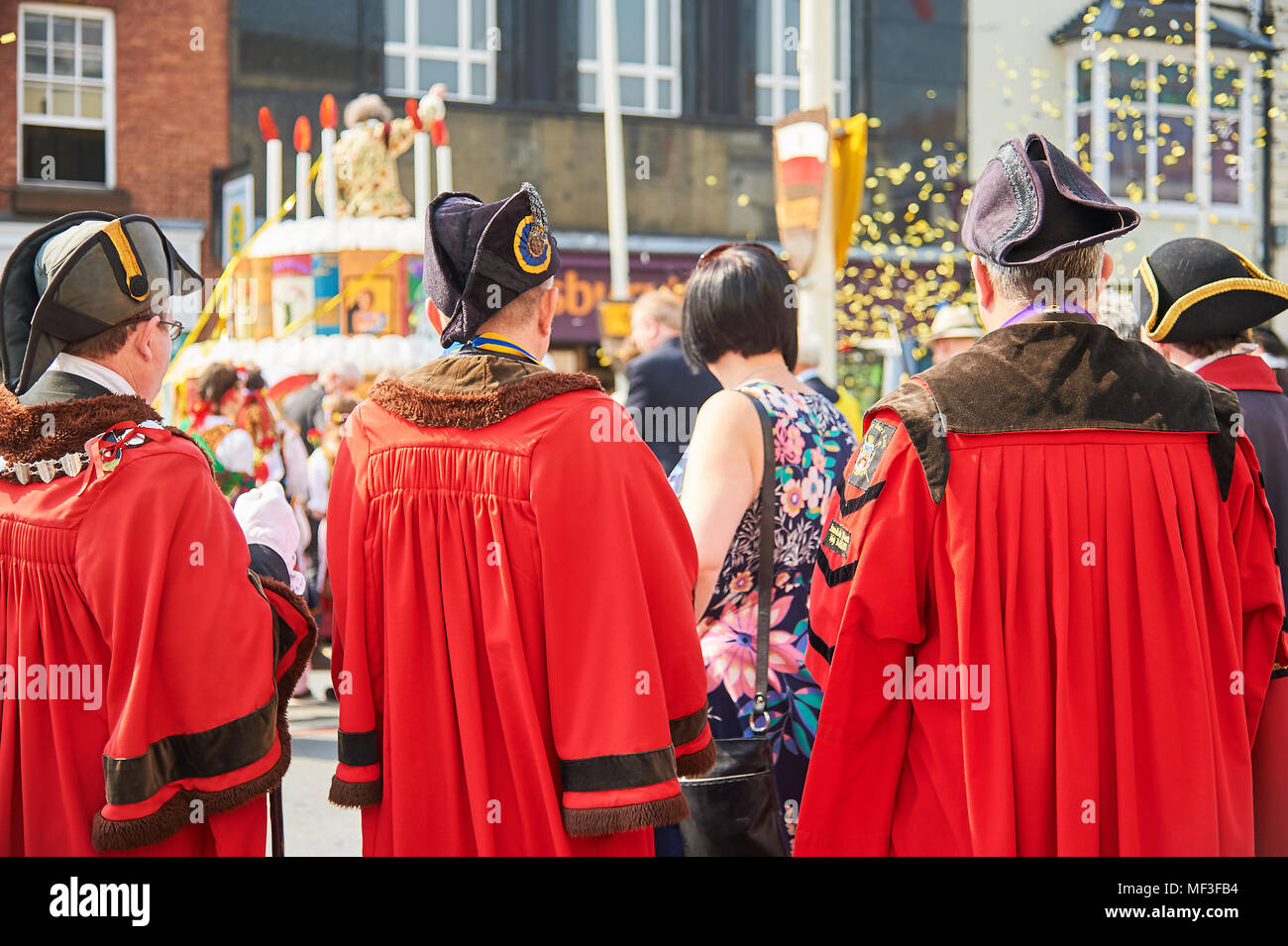 Members of Alcester Court Leet dressed in regalia look on during the ...
