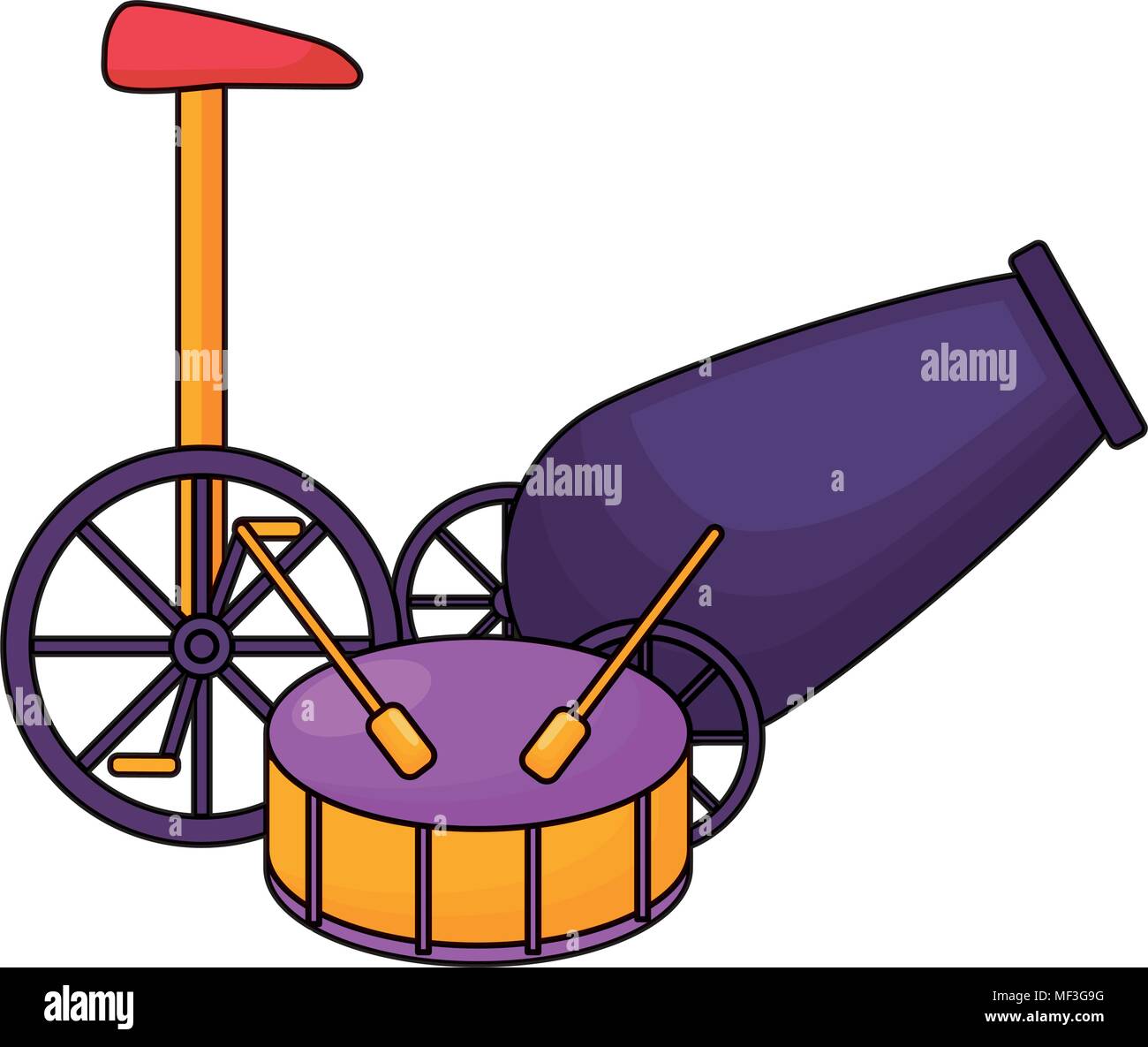 circus carnival design with canon with drum and monocycle over white ...