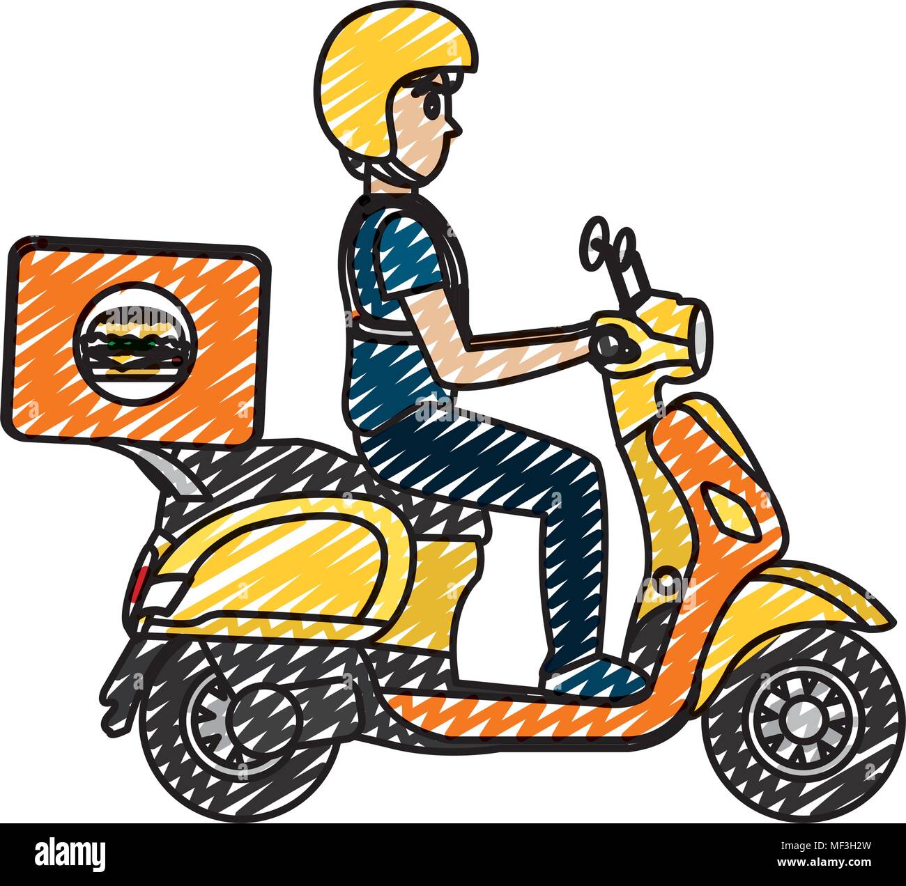doodle delivery man in the motorcycle with hamburger service vector ...