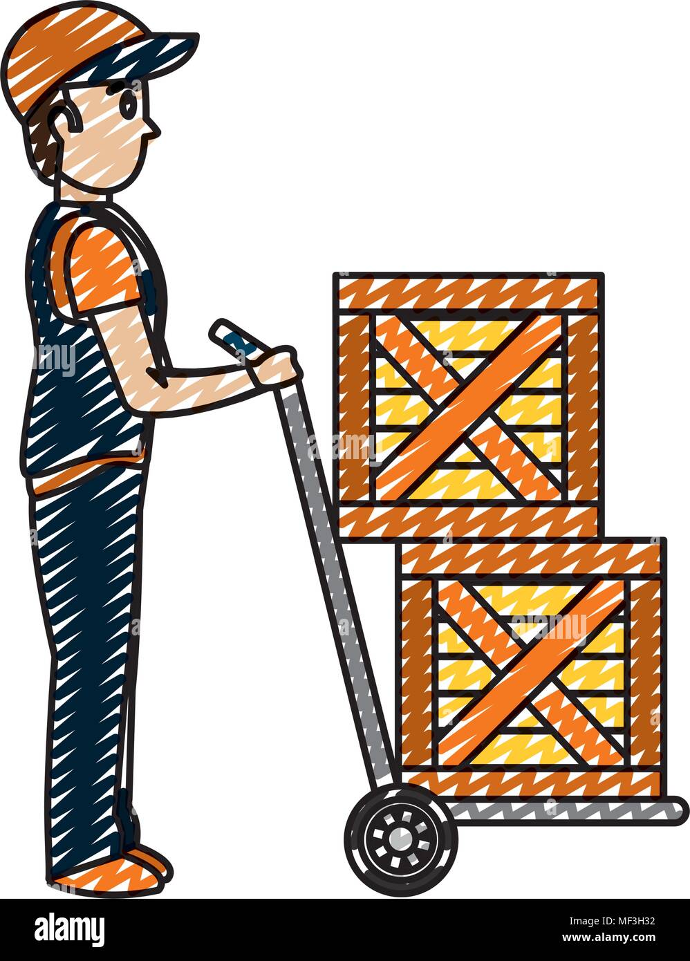doodle delivery man with wood boxes in the platform trolleys vector ...