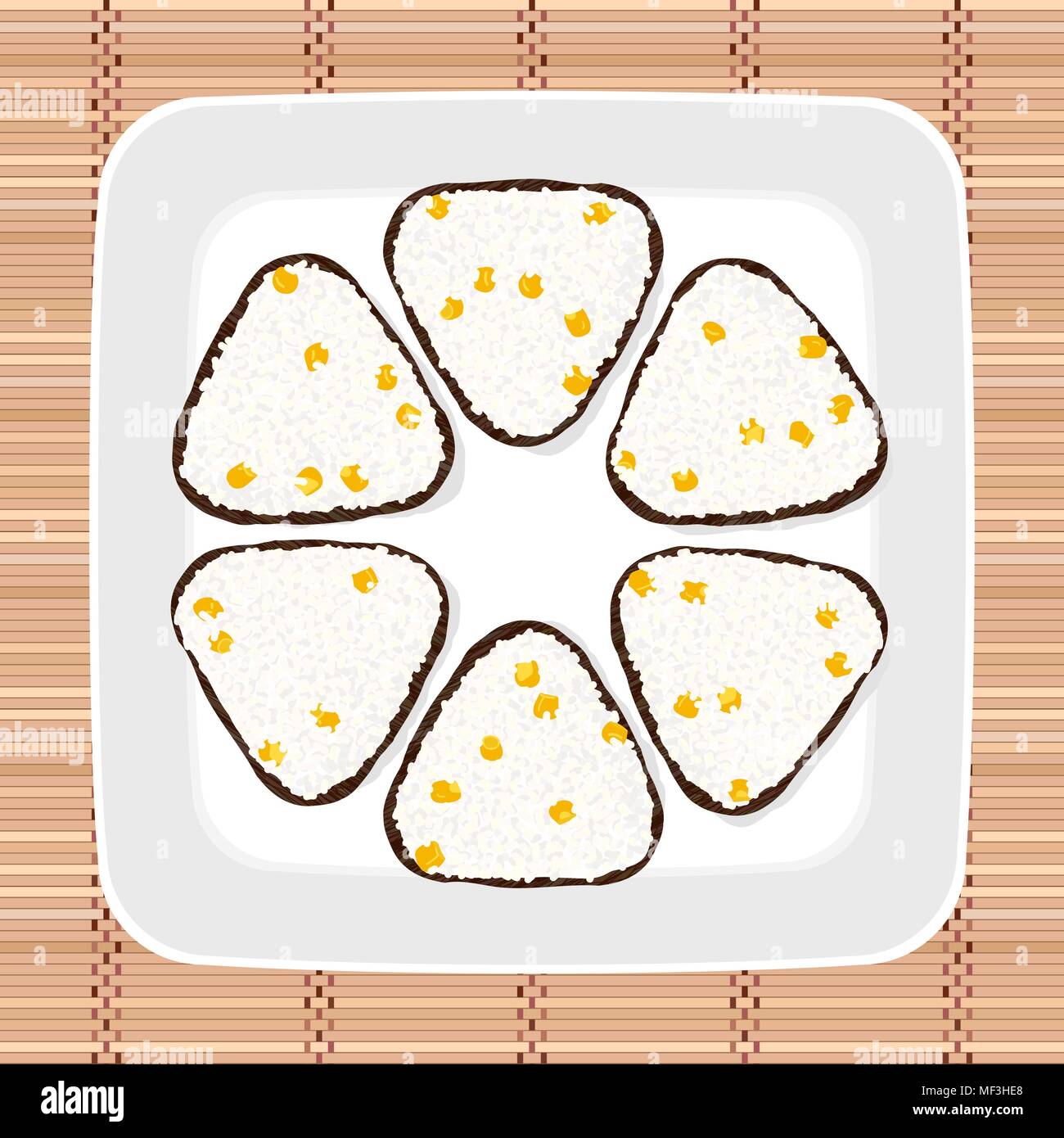 Sweet corn onigiri. Japanese cuisine. Triangle rice balls wrapped with ...