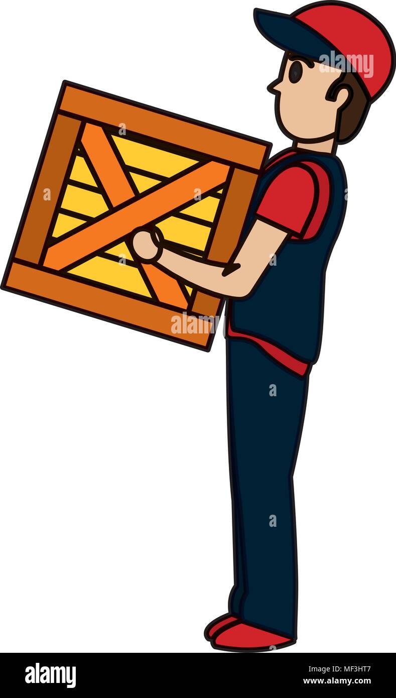 color delivery man with wood box package vector illustration Stock ...