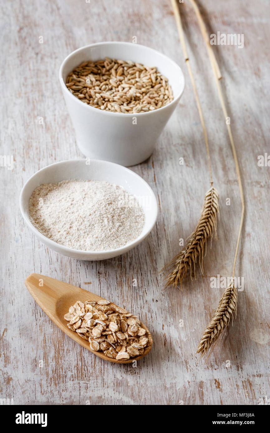 Rye ears, rye flakes, rye flour and rye grains Stock Photo - Alamy