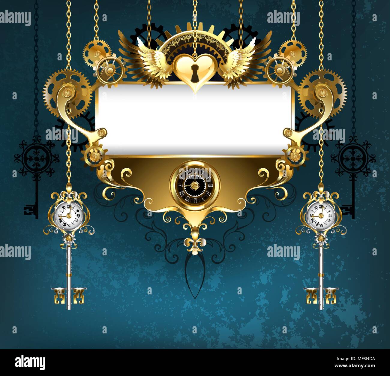 Symmetrical banner, decorated with pattern and golden gears on ...