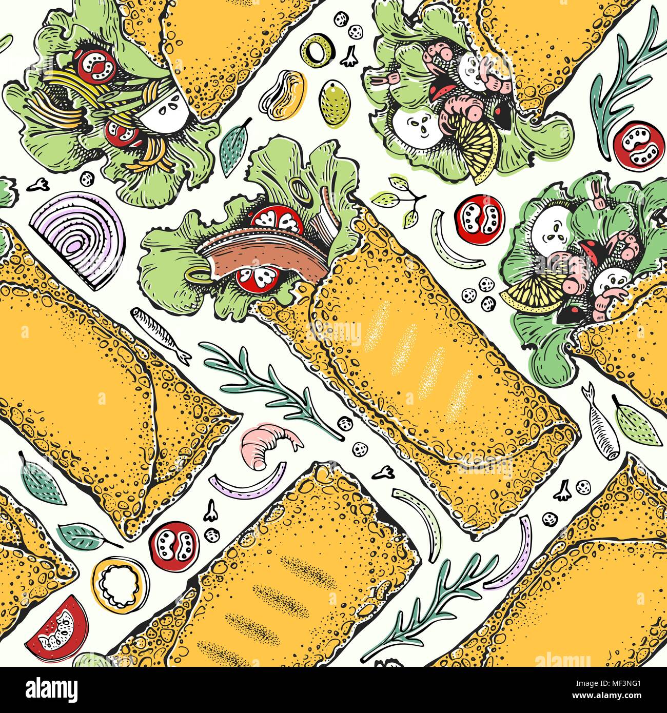 Seamless pattern with burrito. Mexican food background. Traditional ...