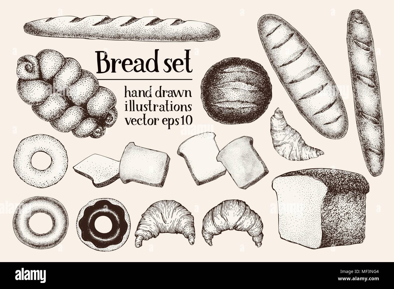 Bread and pastries. Bakery set. Hand drawn illustrations for bakery ...