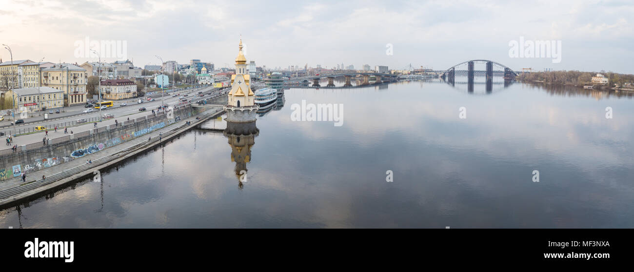 Beautiful View of the Dnieper river, church of St. Nicholas on the ...