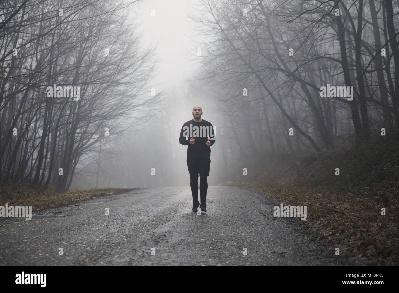 one runner jogging, outdoors mist fog, mysterious forest Stock Photo ...