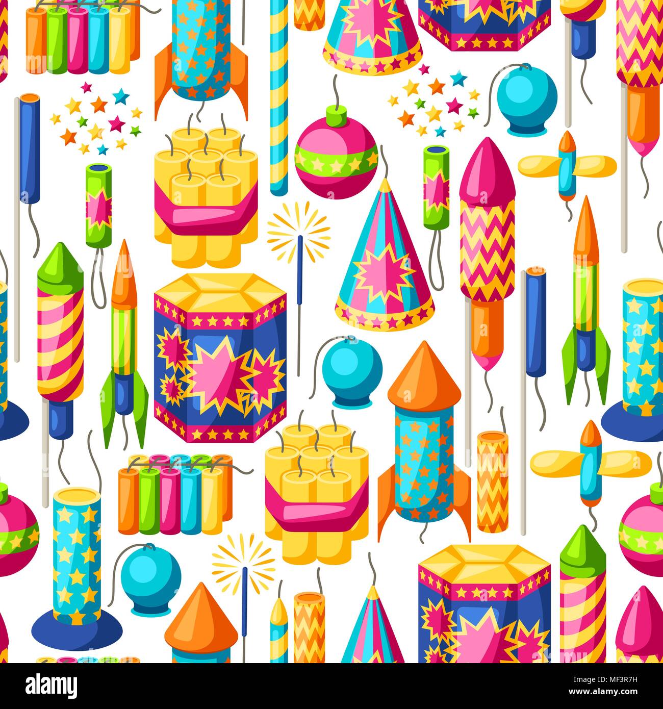 Seamless pattern with colorful fireworks. Different types of ...