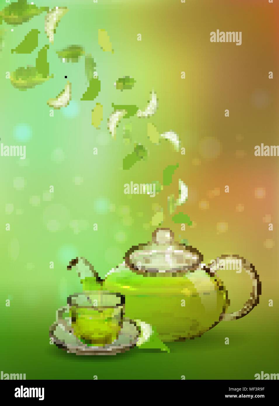 A glass teapot and a cup of green tea on a colored background ...