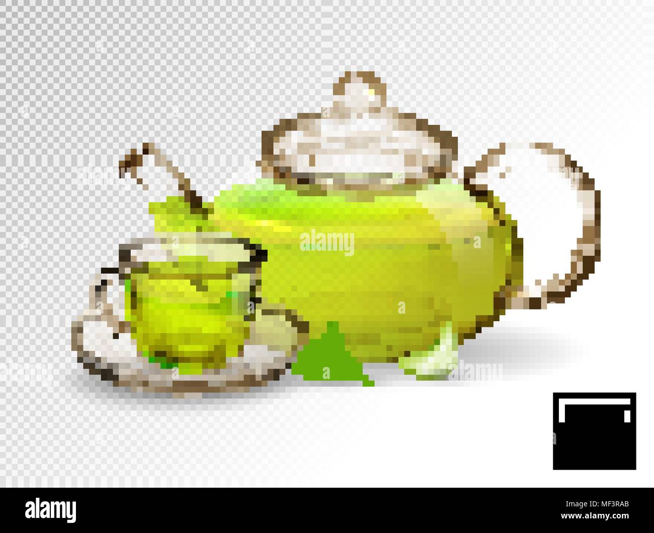 Composition of a glass cup and tea pot with green tea. Realistic vector ...
