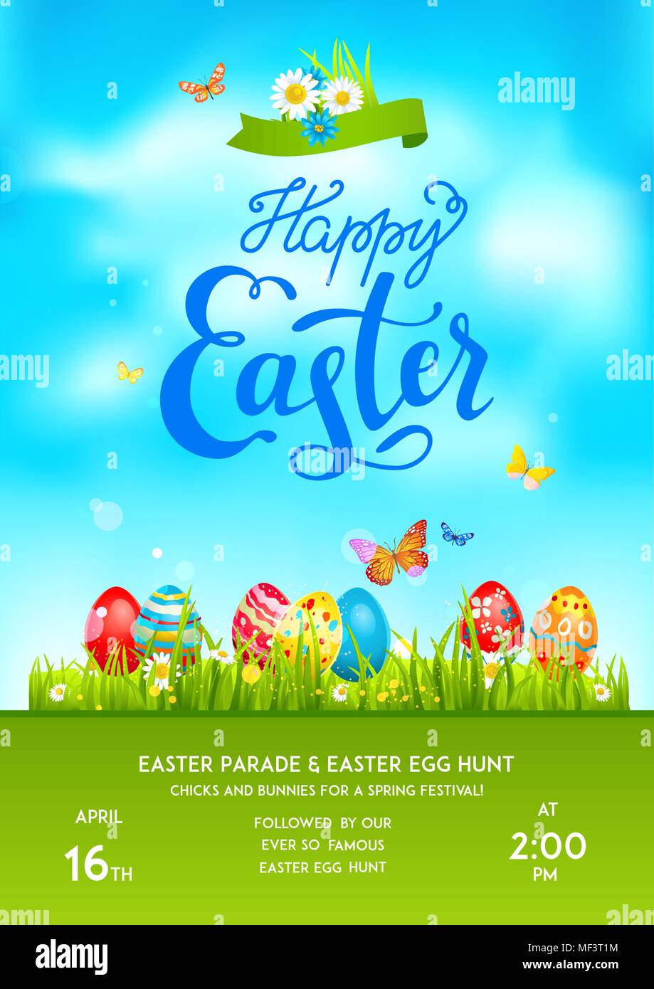 Bright Easter eggs on a grass. Easter holiday background for design ...