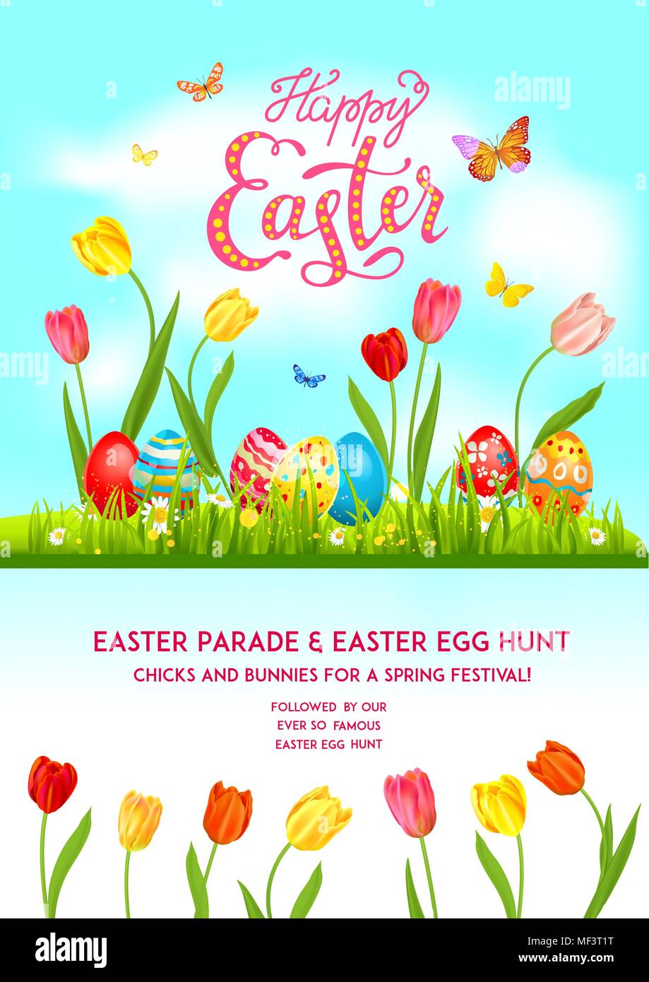 Bright Easter eggs on a grass. Easter holiday background for design ...