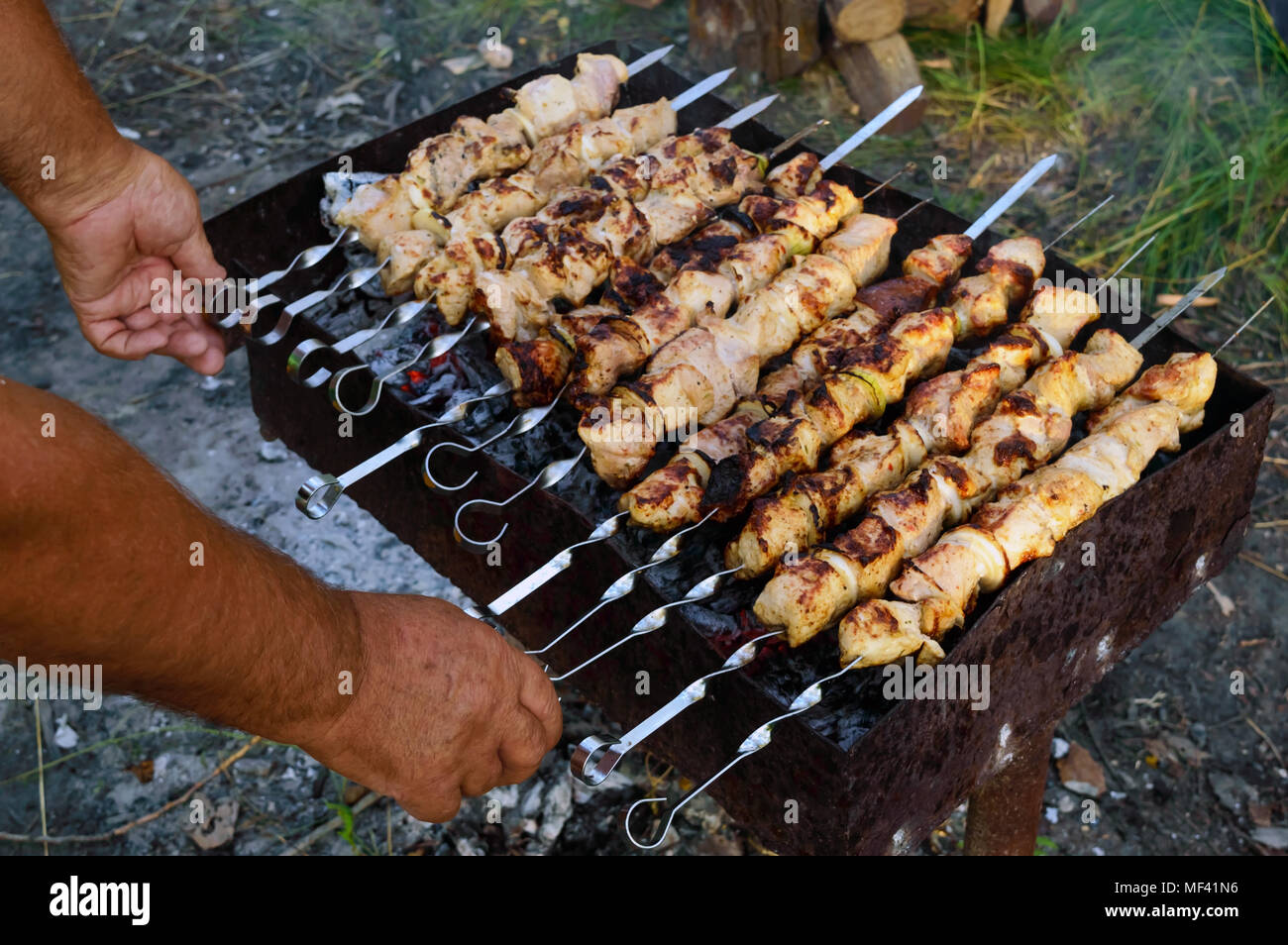 Meat, grilled over a fire - barbecue. Cooking food outdoors Stock Photo ...