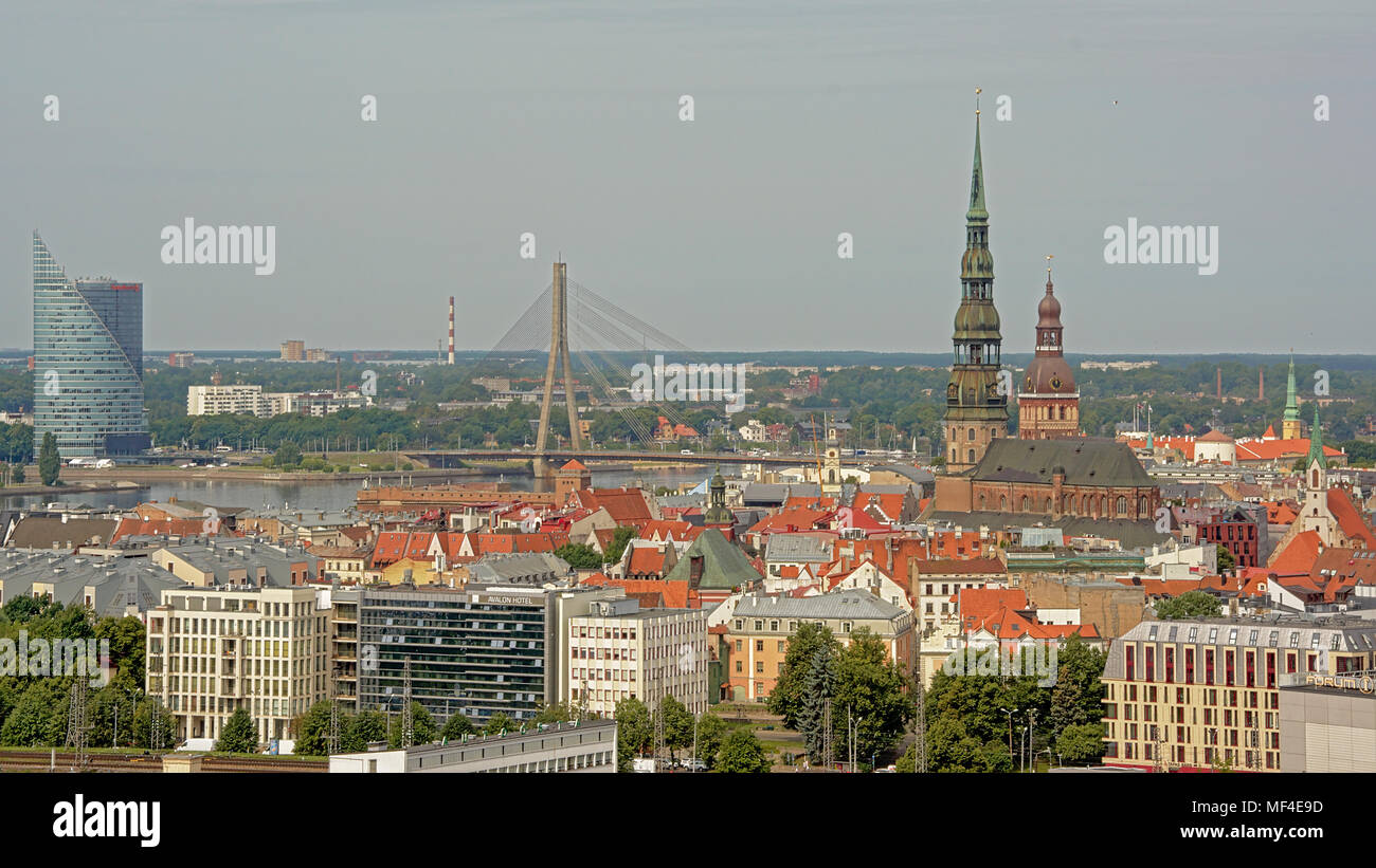 Aerial view on Riga, showing the Saint Peter`s church tower, modern ...