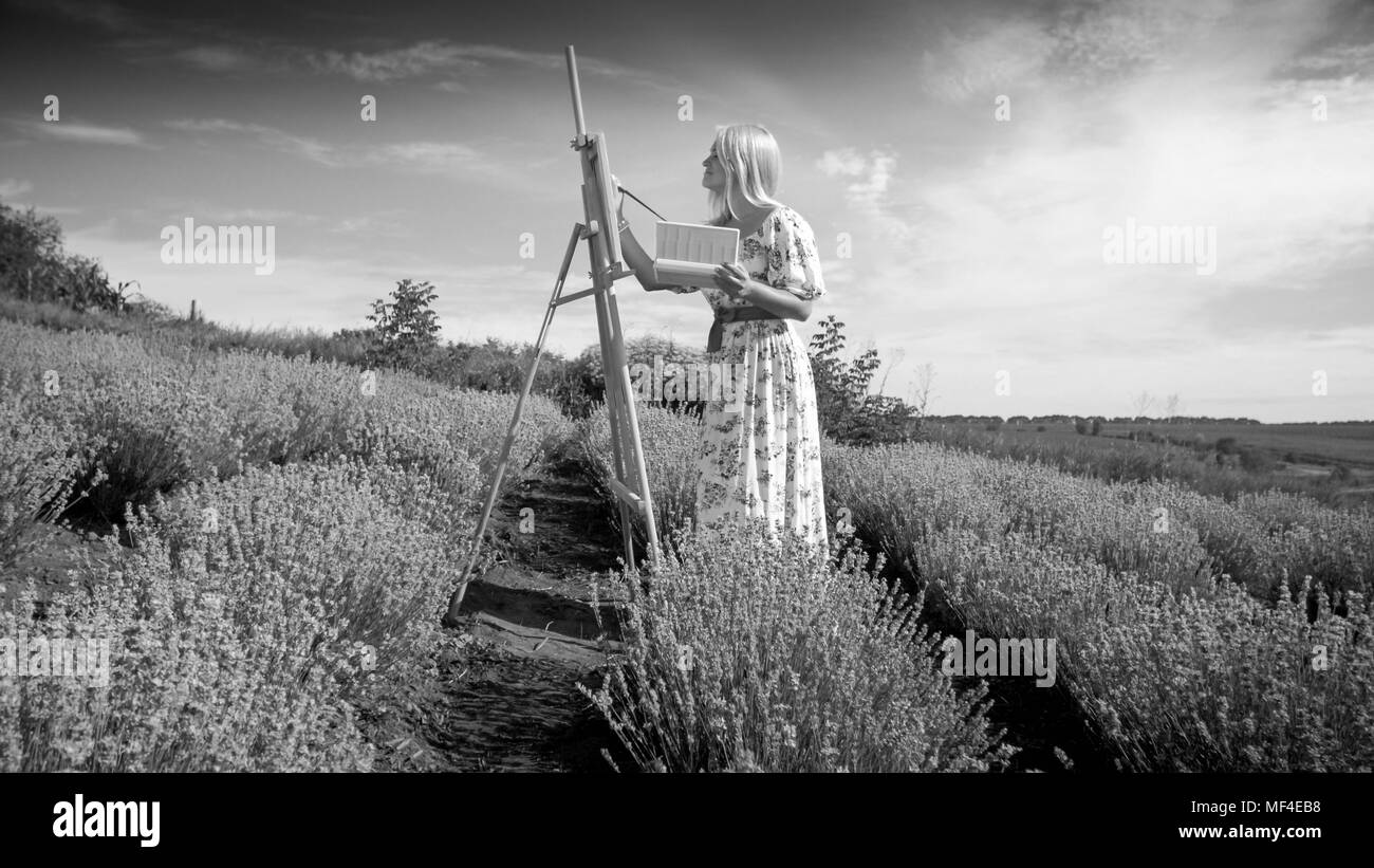 Painting of girl field Black and White Stock Photos & Images - Alamy