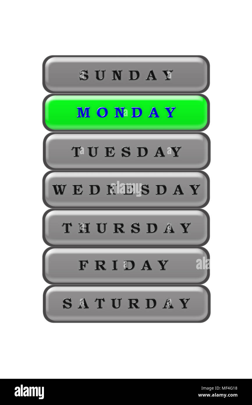 Among the days of the week, Monday is highlighted in blue on a green ...