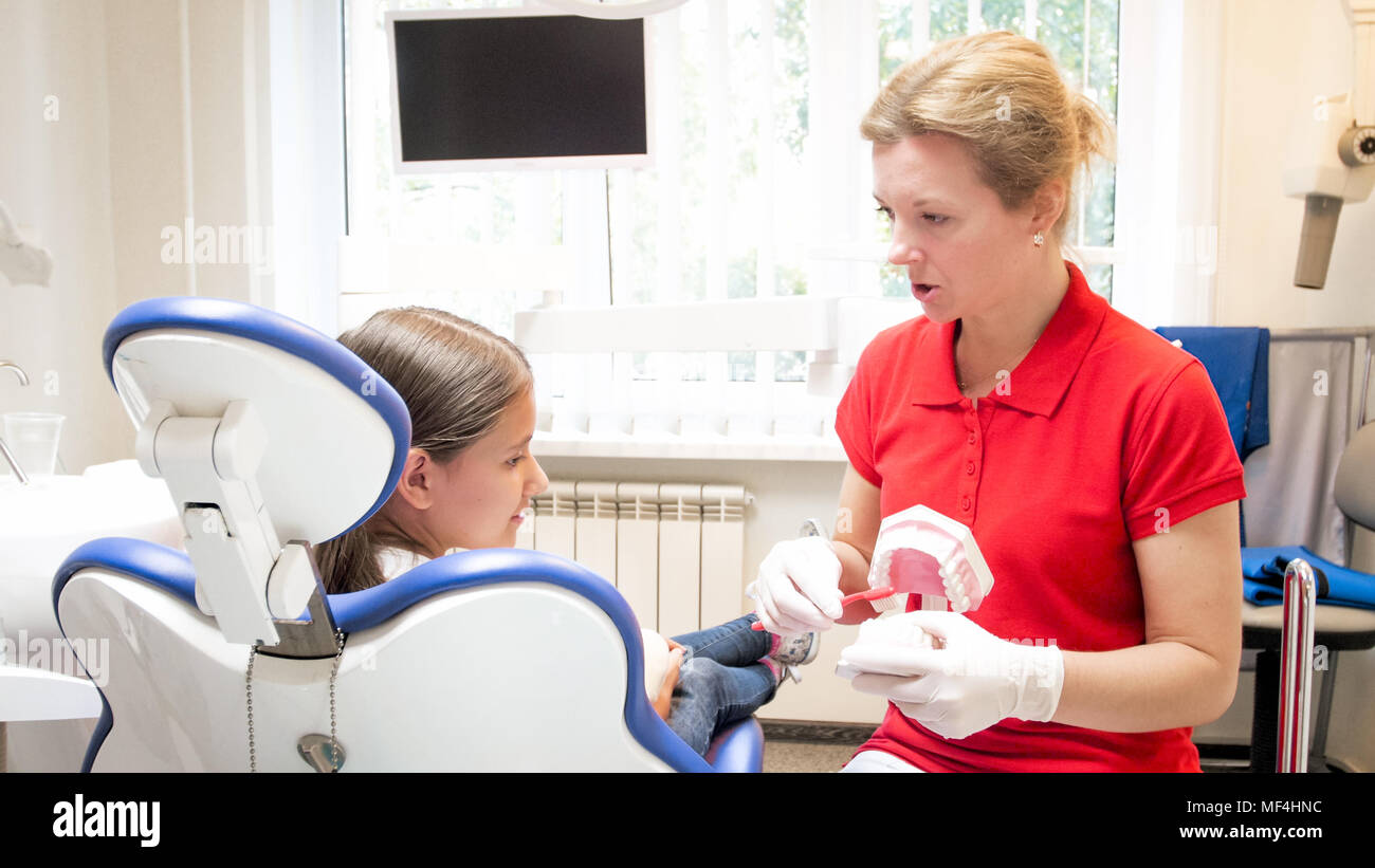Female dentist showing on teeth model how to properly clean teeth Stock ...