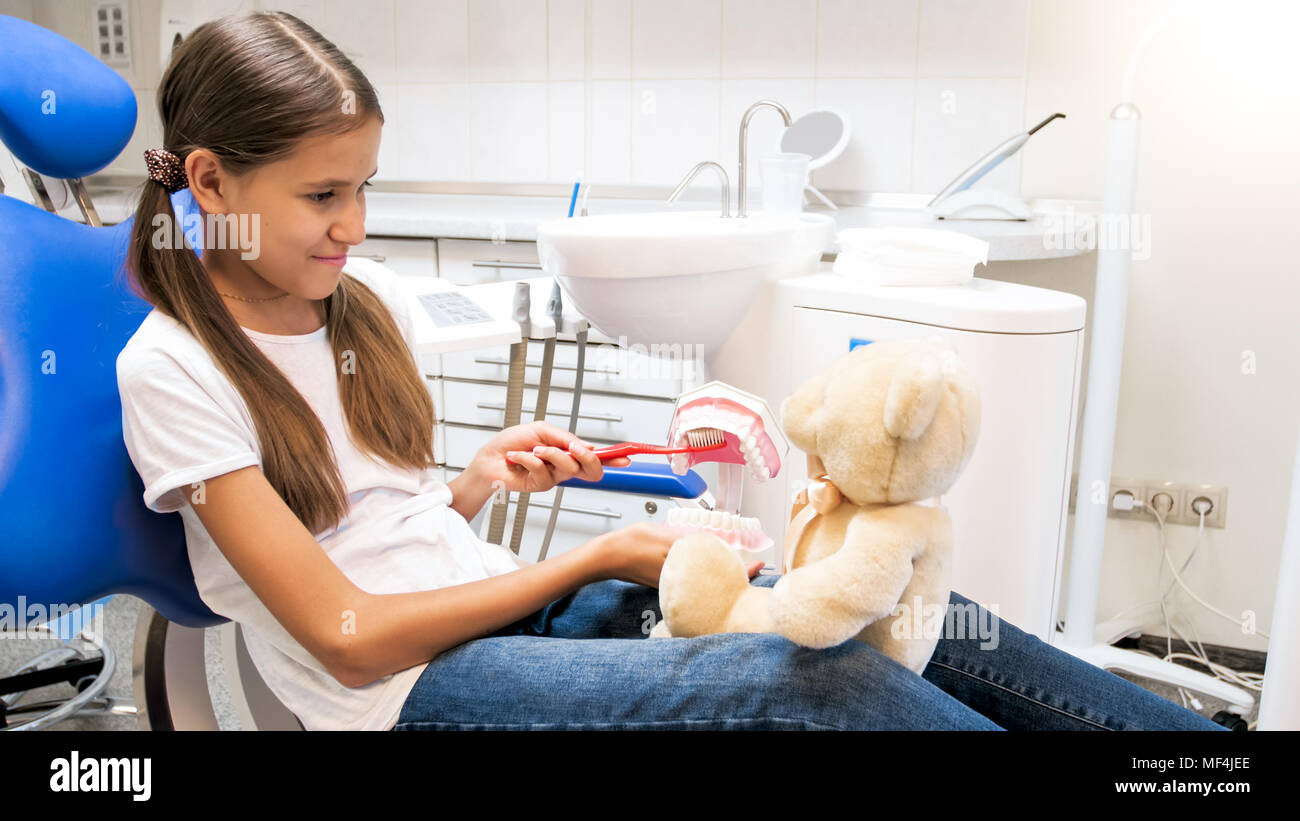 Portrait of little girl cleaning teeth on plastic model with her teddy ...