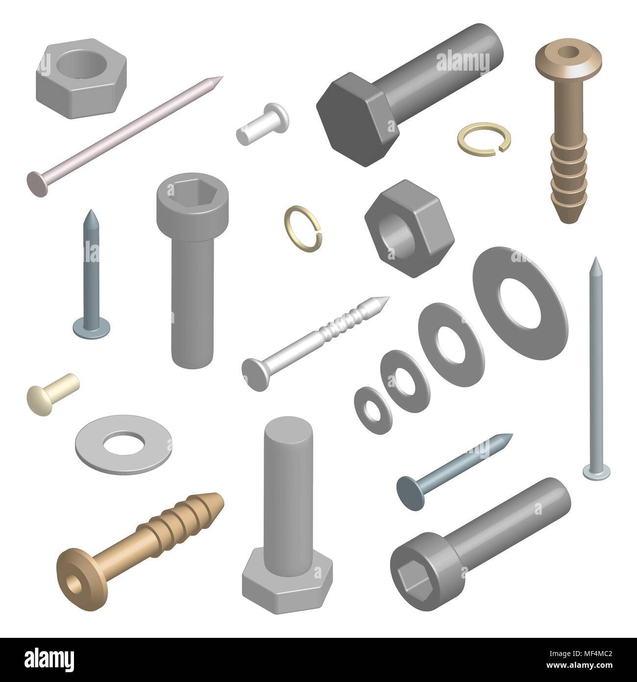Set of different fasteners isolated on white background. 3D isometric ...