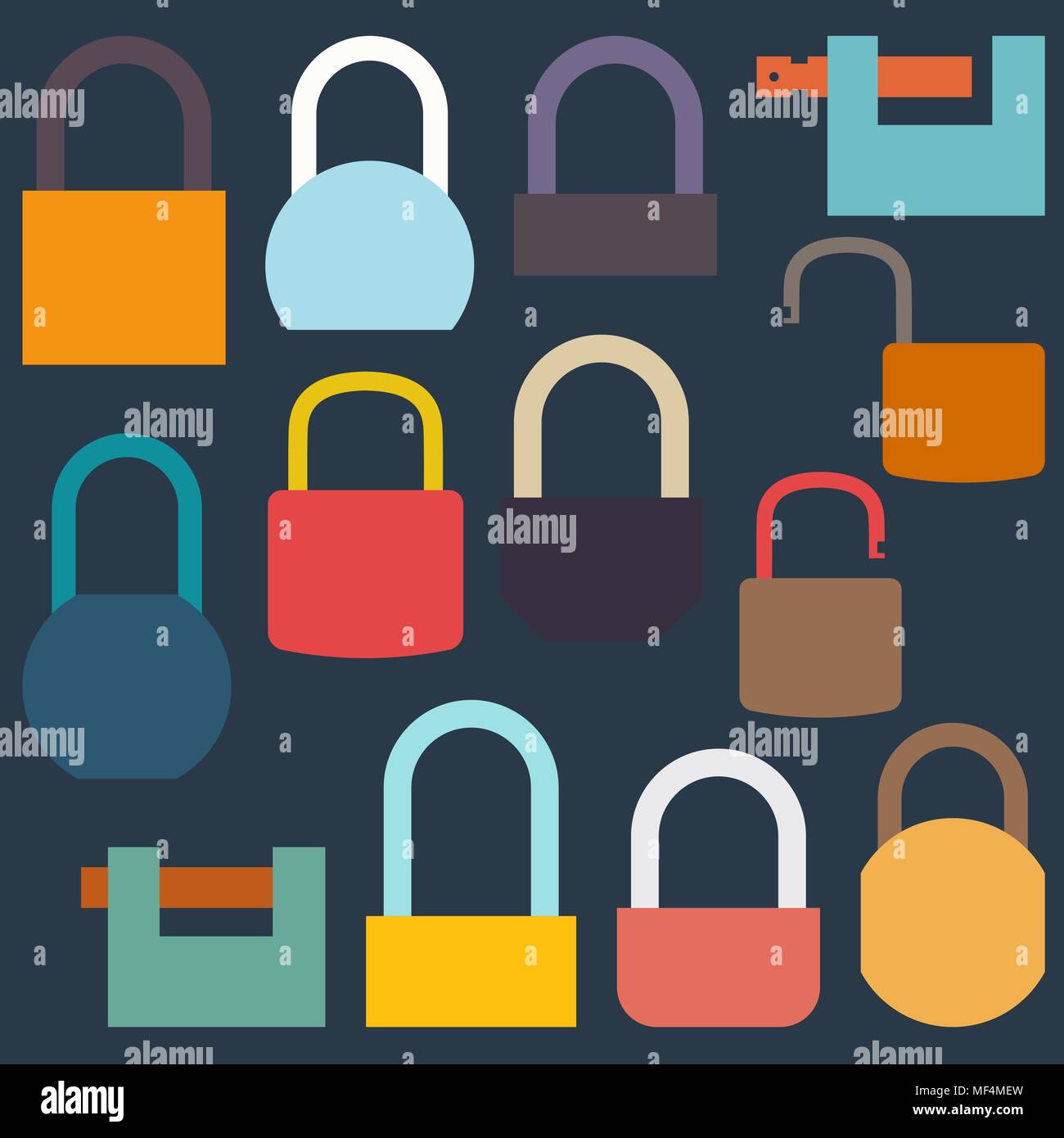 Set multicolored icons locks of different shapes, isolated on a blue ...