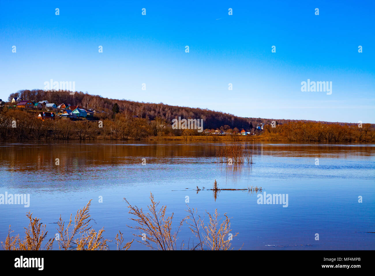 Flood on the river Oka, Russia. Beautiful spring landscape with a ...