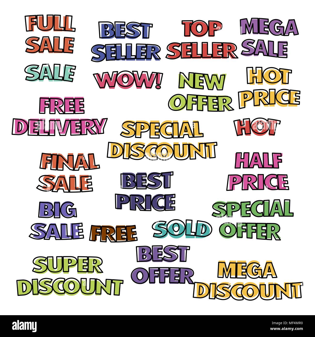 Bright cartoon labels with various text sale, offer, discount, price ...
