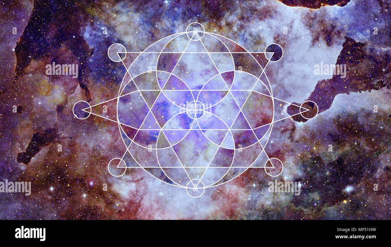 Abstract cosmos geometric background with polygons, triangles, stars ...