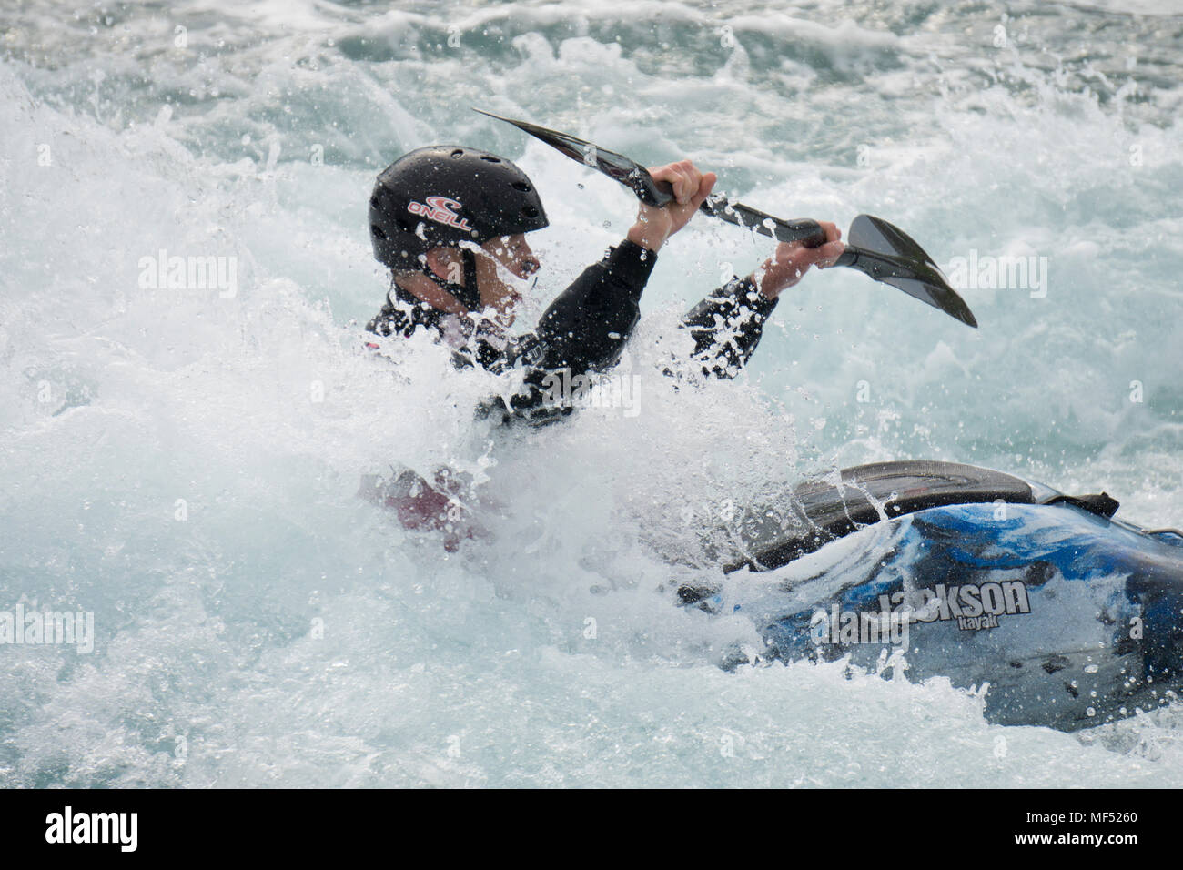 LONDON, UK - APRIL 21st 2018: Kayakers enjoy the white water rapids at ...