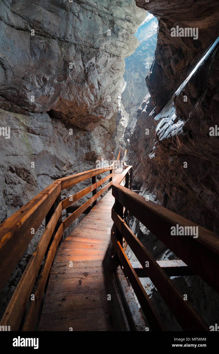 Austria, Salzburg State, Lofer, Vorderkaserklamm, wooden walkway Stock ...