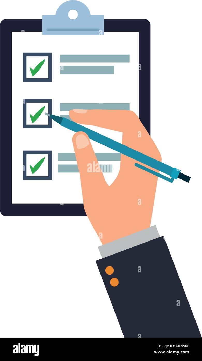Hand with pen on checklist Stock Vector Image & Art - Alamy