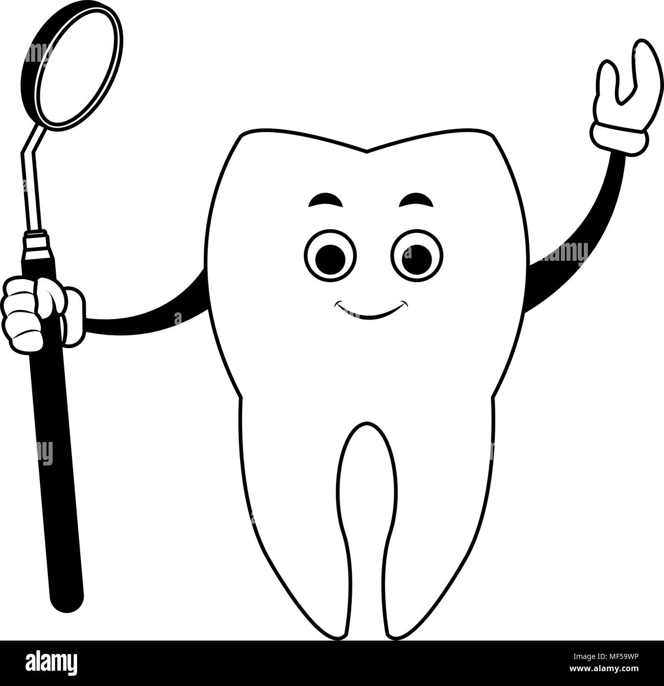 Tooth with dental tools funny cartoon on black and white Stock Vector ...
