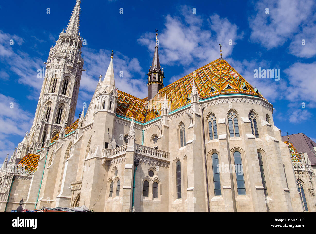 Matthias Church, a church located in Budapest, Hungary, in front of the ...