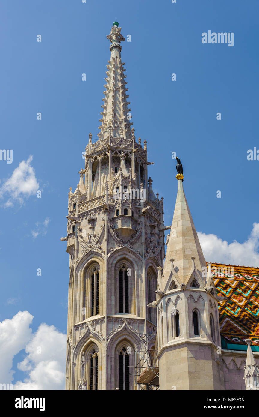 Matthias Church tower, a church located in Budapest, Hungary Stock ...