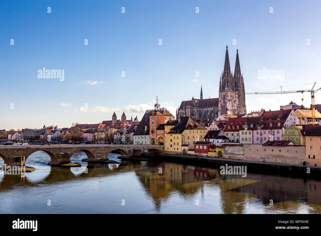 Germany, Regensburg, view to the old town with cathedral and Danube ...